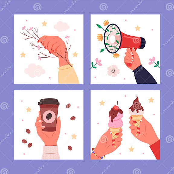 Cartoon Hands Holding Objects Compositions Stock Illustration ...
