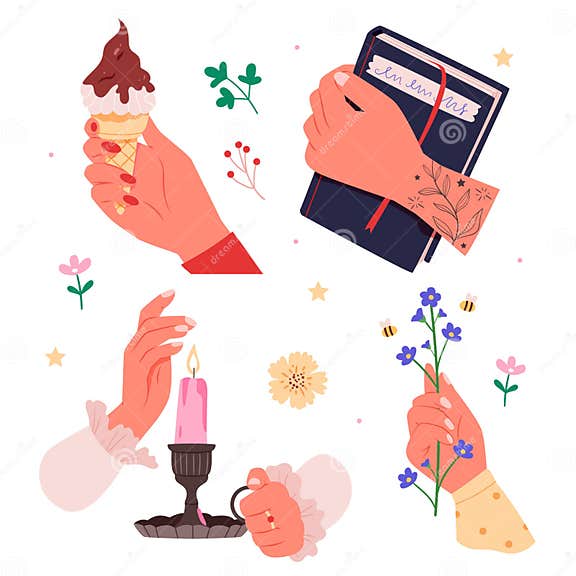 Cartoon Hands Holding Objects Mini Composition Collection Stock ...