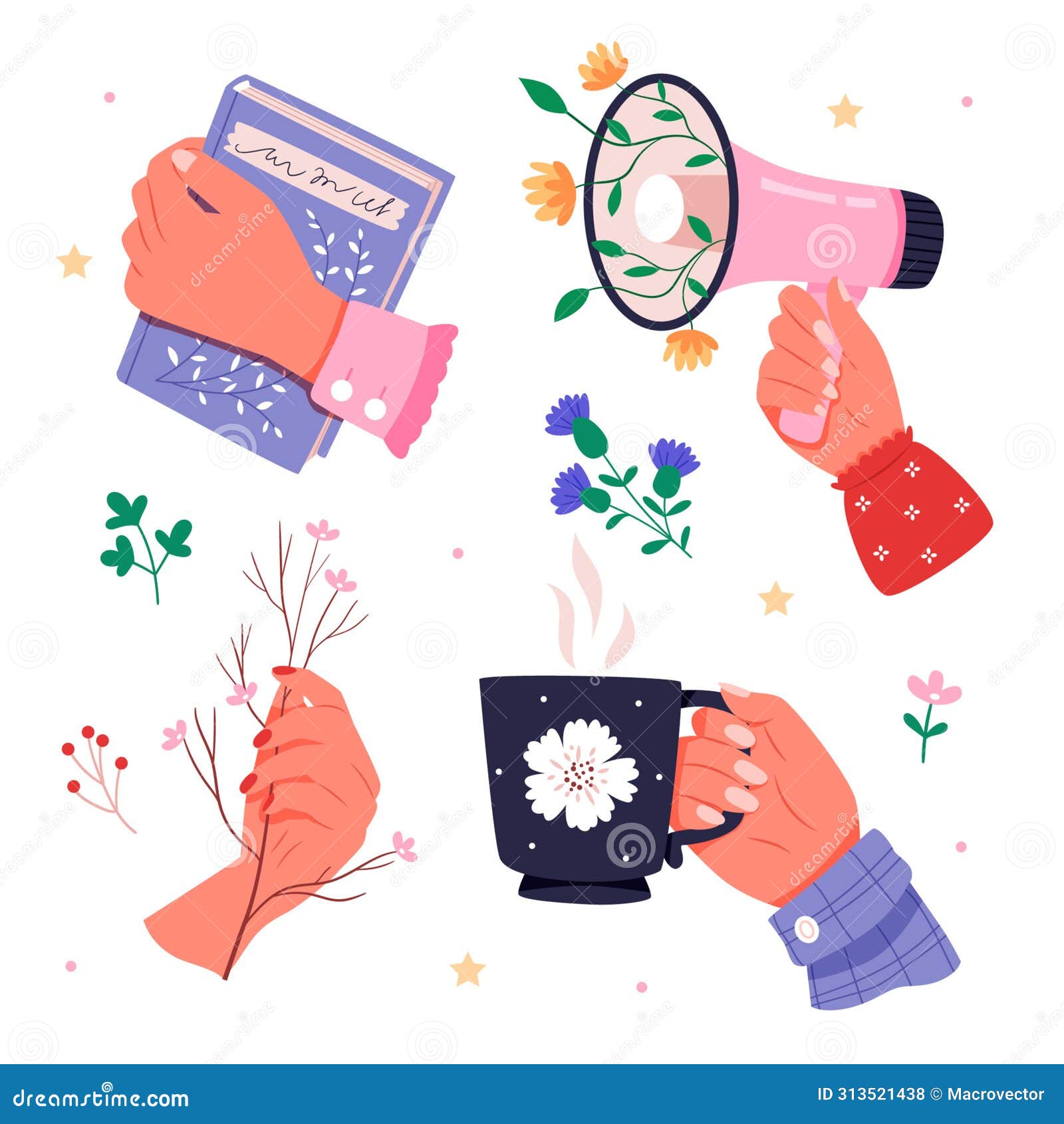 Cartoon Hands Holding Objects Mini Composition Set Stock Illustration ...