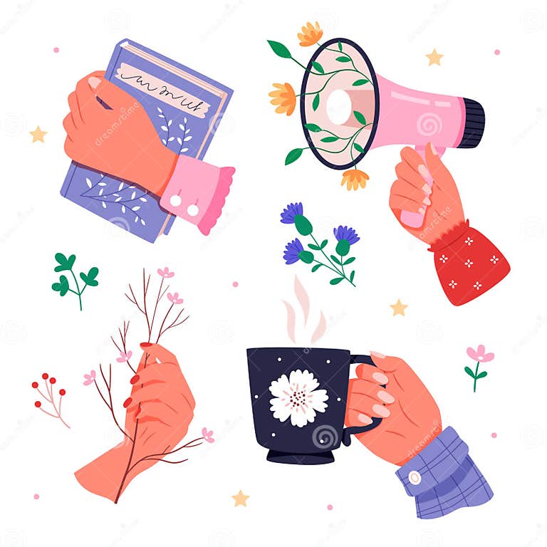 Cartoon Hands Holding Objects Mini Composition Set Stock Illustration ...