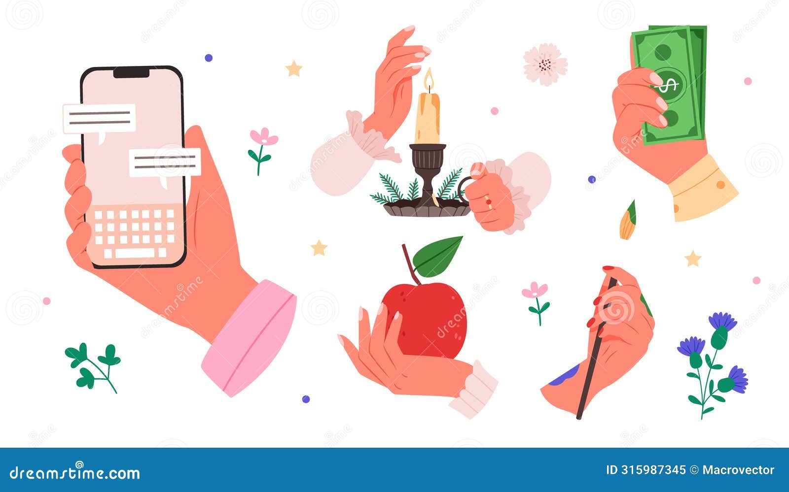 Cartoon Hands Holding Objects Set Stock Illustration - Illustration of ...