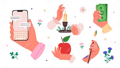 Cartoon Hands Holding Objects Set Stock Illustration - Illustration of ...