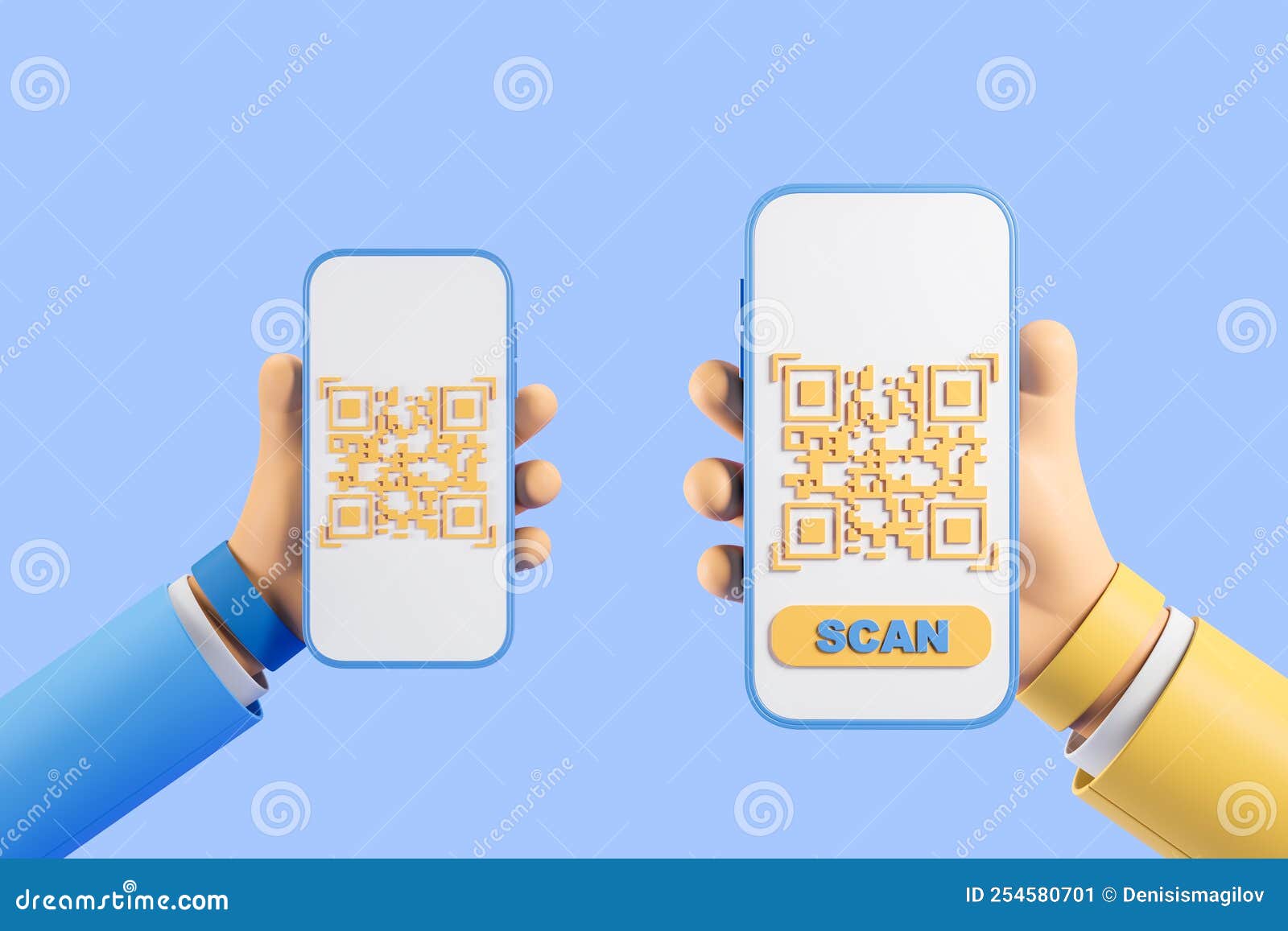 Cartoon Hands with Smartphone, QR Code on Mockup Empty Screen Stock ...