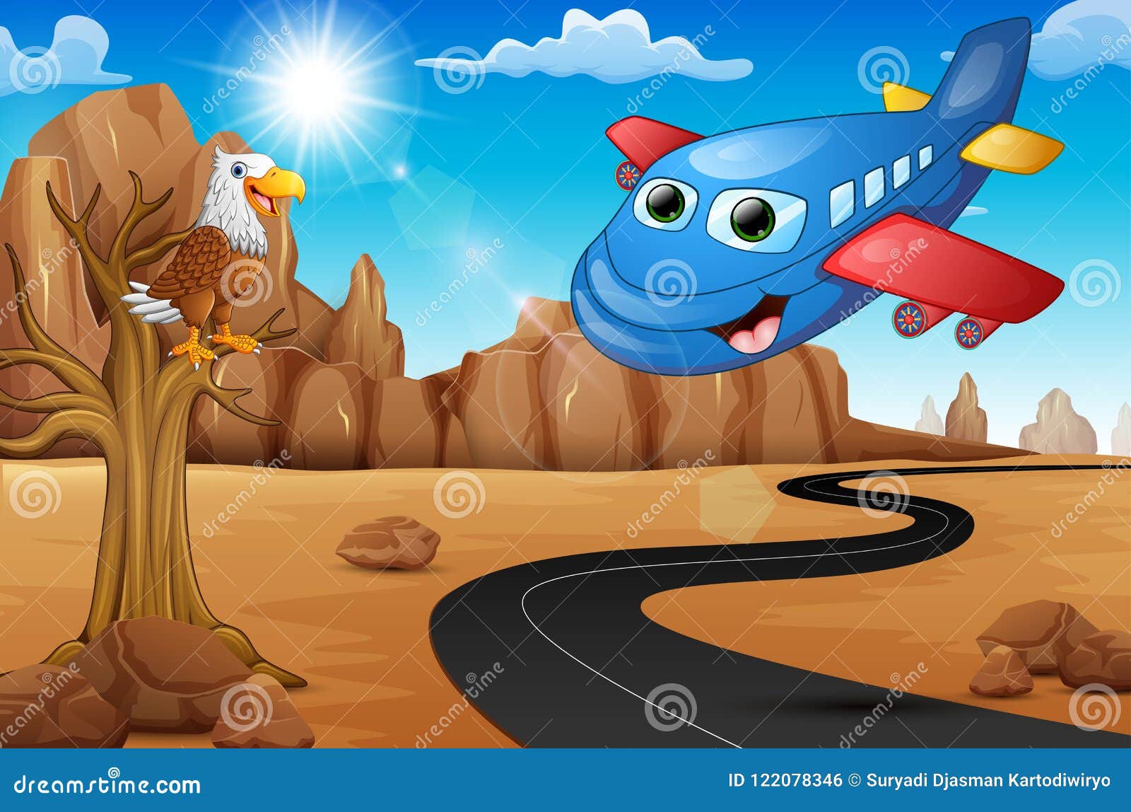 Cartoon Happy Airplane with Eagle on Tree and Empty Road in the Desert ...