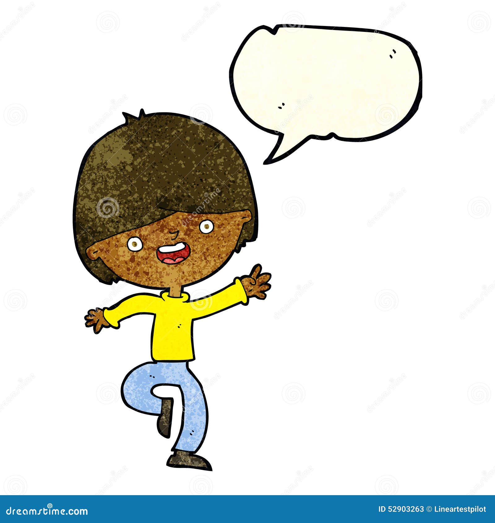 Cartoon Happy Boy Dancing with Speech Bubble Stock Illustration ...