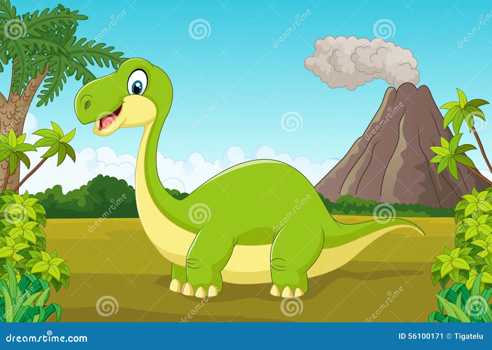 Happy Dinosaur Character In The Prehistoric Background Cartoon Vector ...