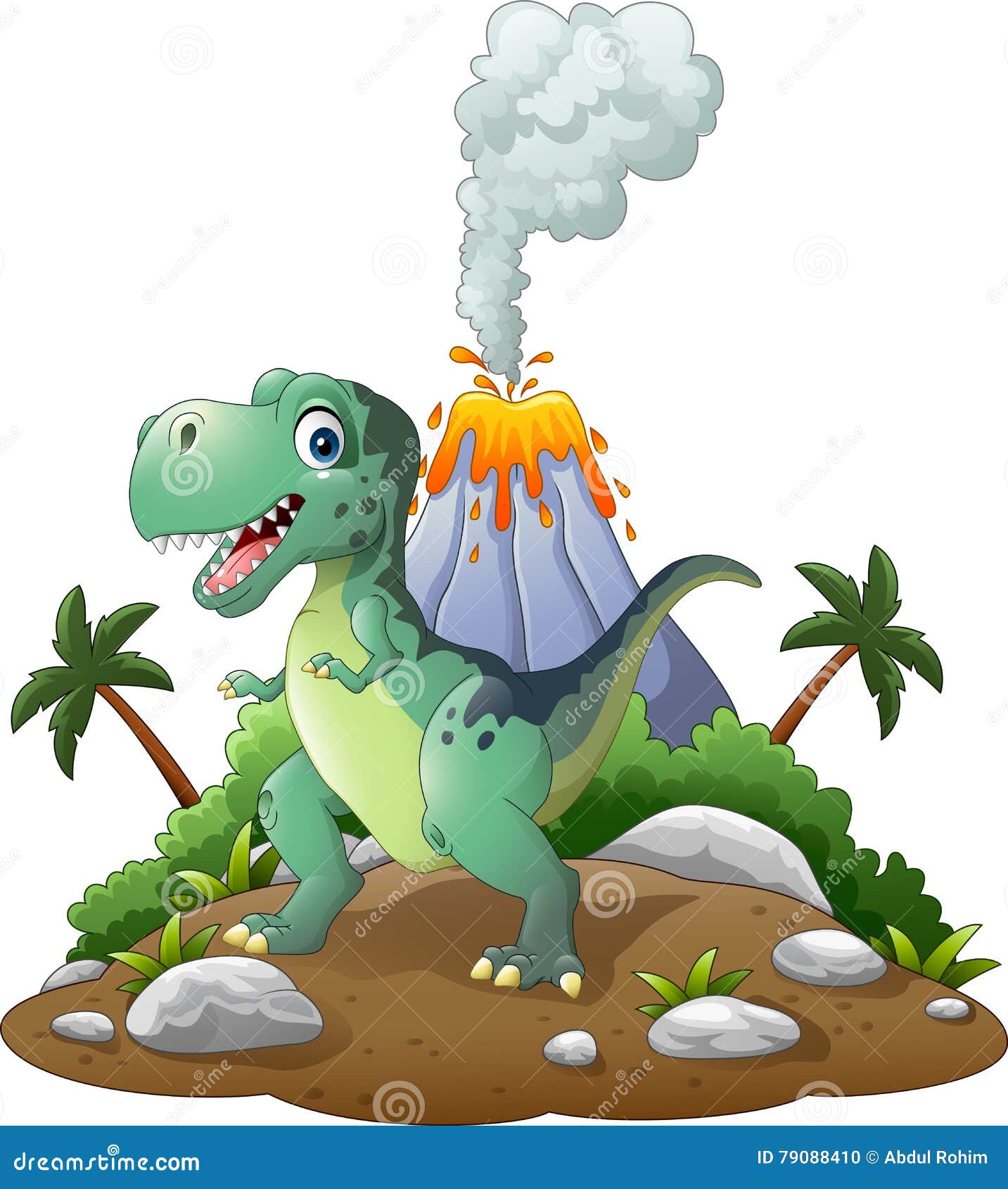 Cartoon Happy Dinosaur in the Prehistoric Background Stock Vector ...