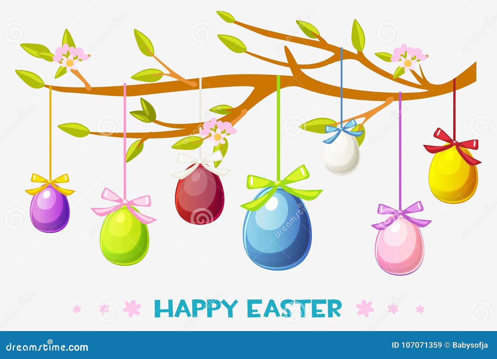 Cartoon Happy Easter Illustration, Greeting Card Hanging Eggs on a Tree ...