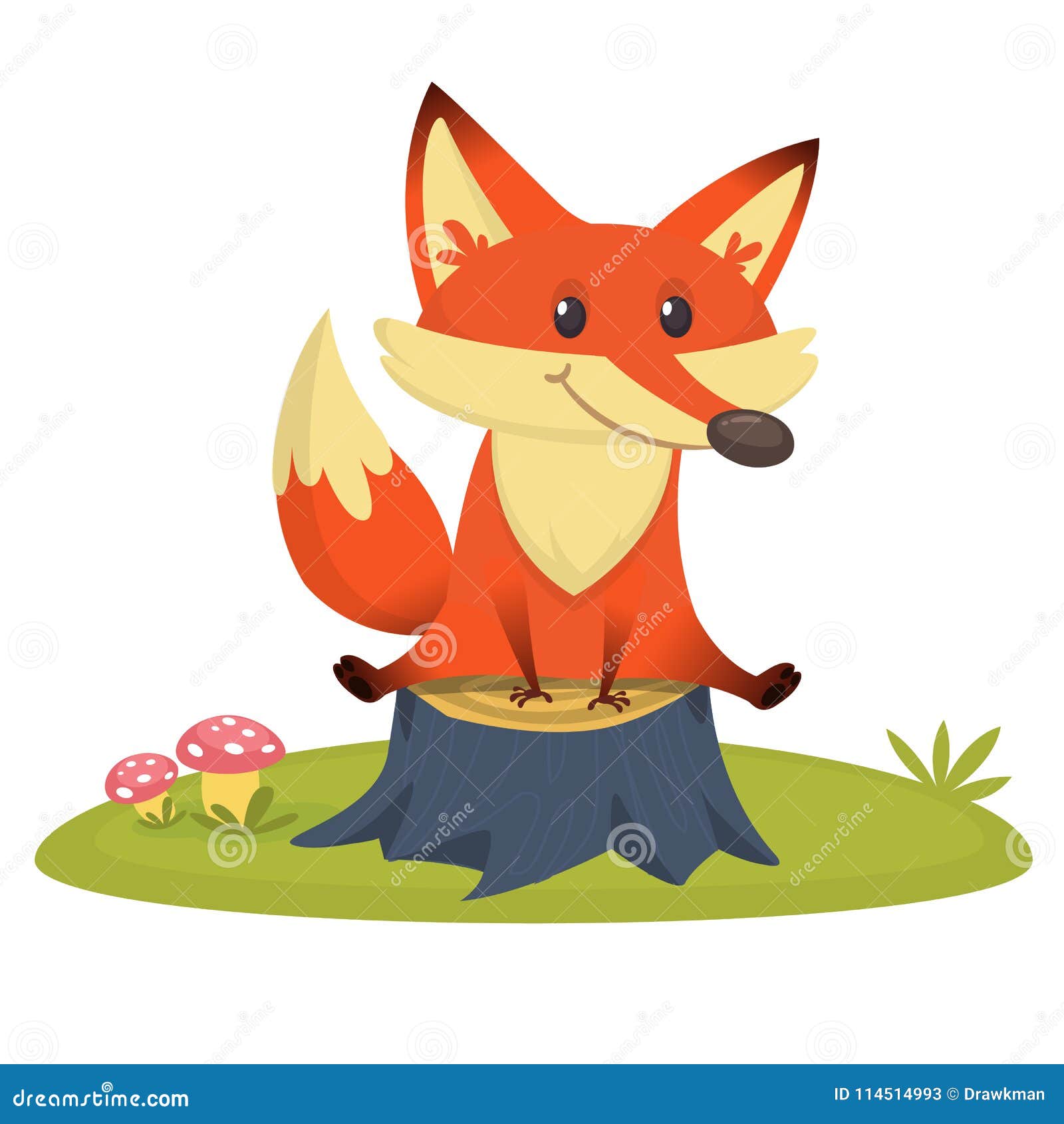 Cartoon Happy Fox Sitting on Tree Stump. Vector Illustration. Stock ...