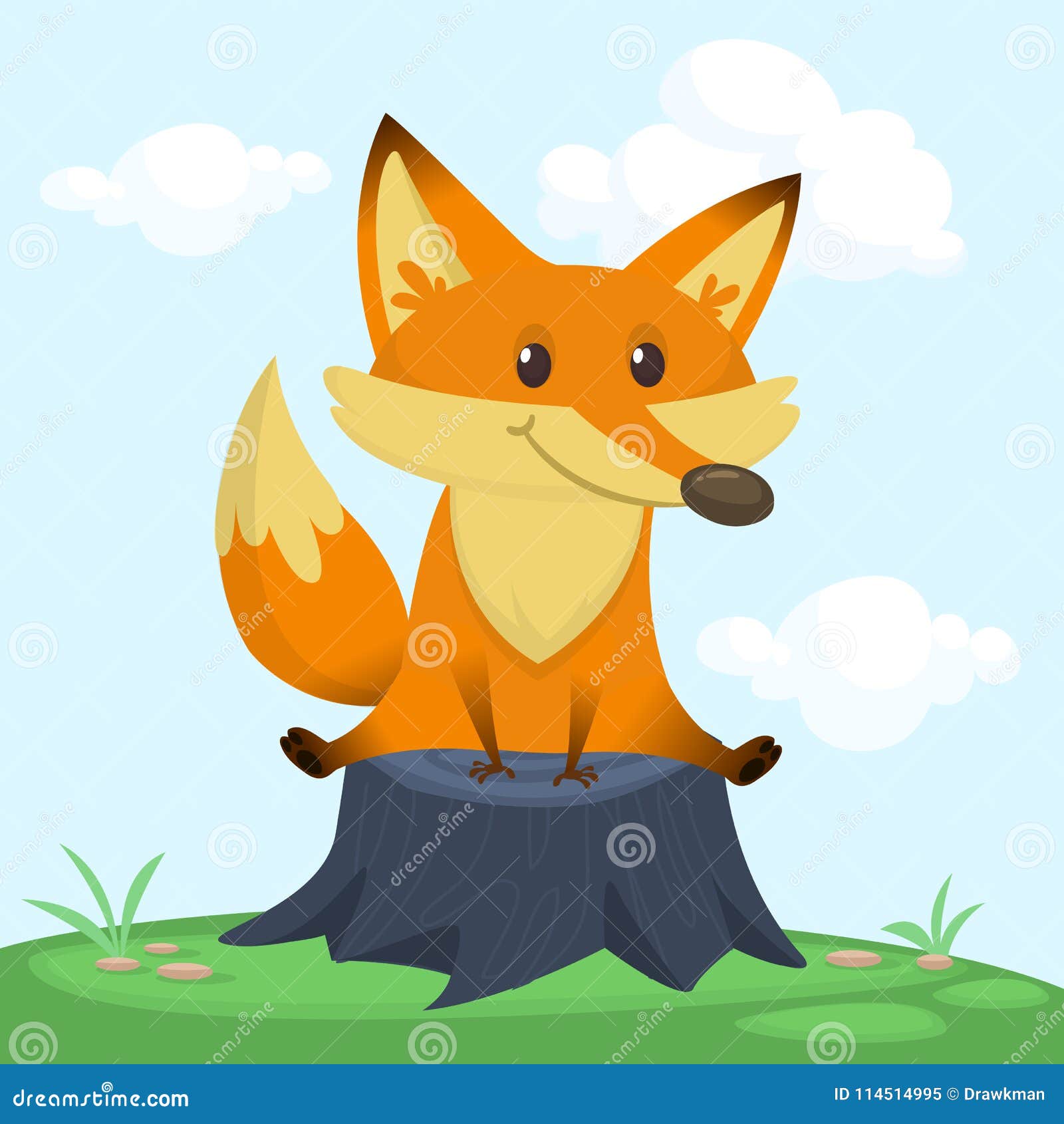 Cartoon Happy Fox Sitting on Tree Stump. Vector Illustration. Stock ...