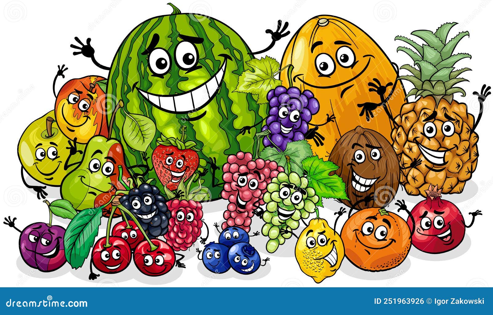 Cartoon Happy Fruit Comic Characters Group Stock Vector - Illustration ...