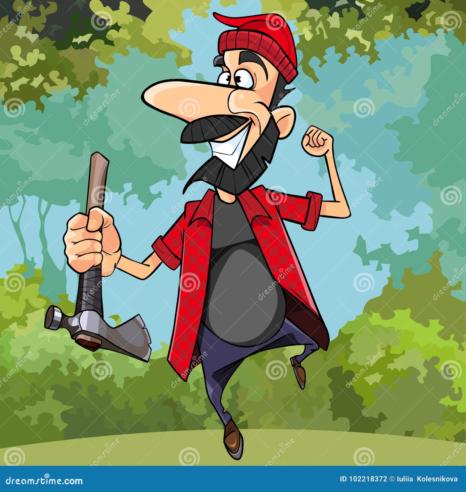 Cartoon Happy Lumberjack Running through the Woods with an Axe Stock ...