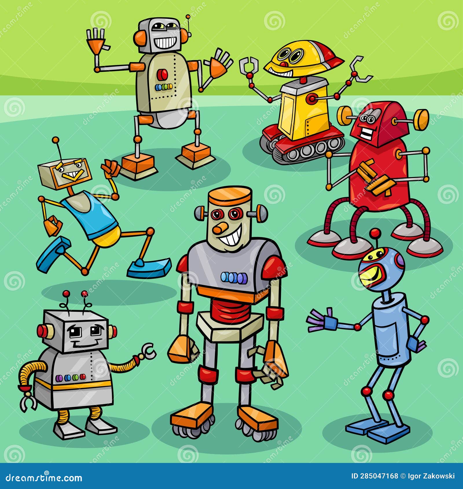 Cartoon Happy Robots And Droids Characters Group Vector Illustration ...