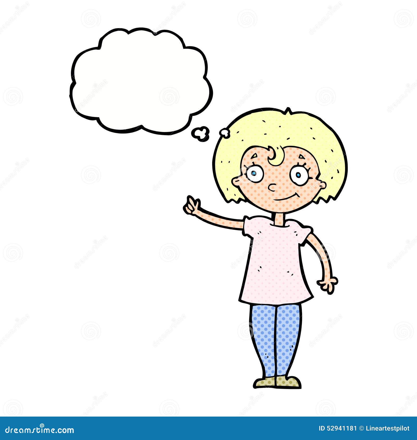 Cartoon Happy Woman Pointing With Thought Bubble Stock Illustration
