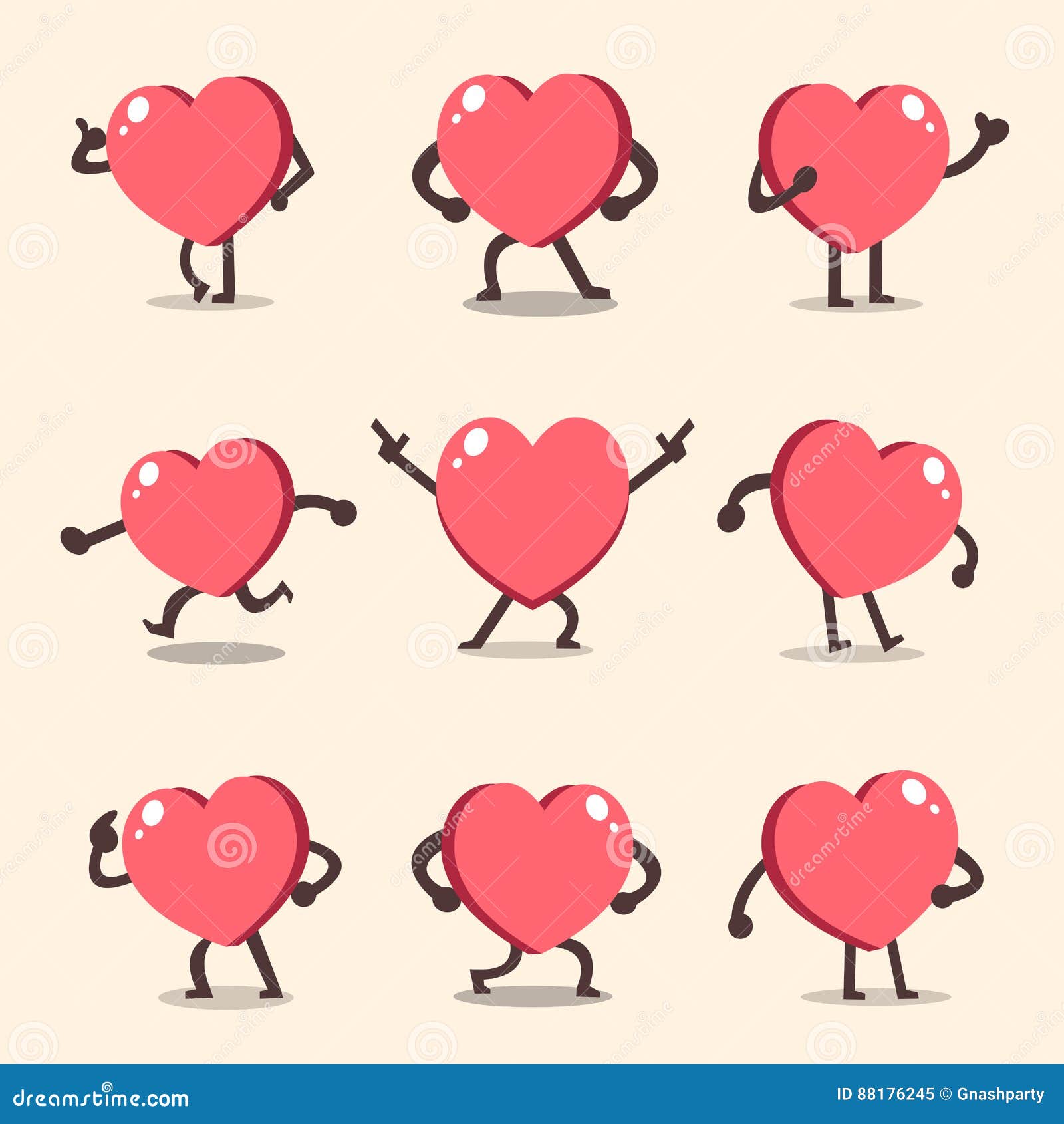 Cartoon Heart Character Poses Set Stock Vector - Illustration of happy ...