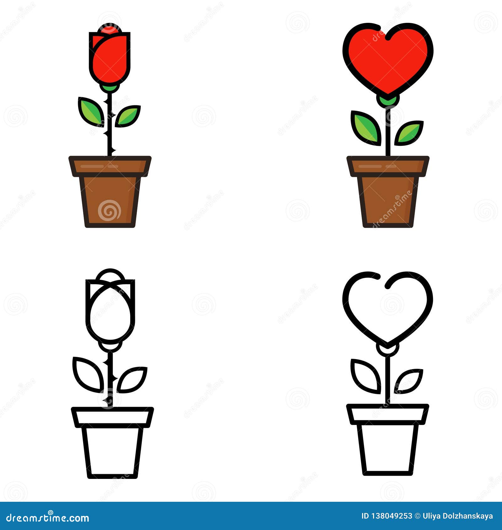 Cartoon Heart Flower and Flower Rose in a Pot Set Stock Vector ...
