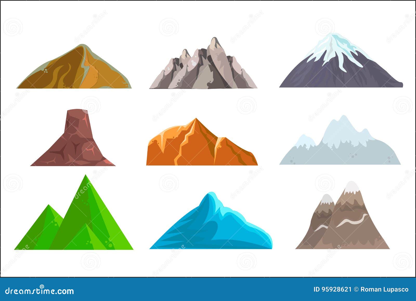 Cartoon Hills and Mountains Set, Vector Isolated Landscape Elements ...