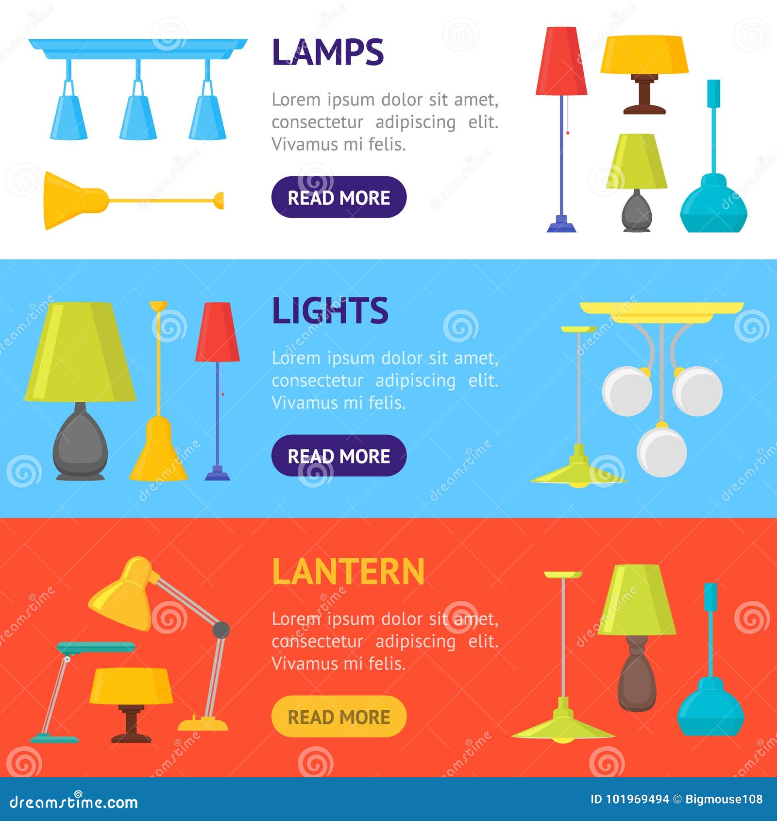 Cartoon Home Illumination Lamp Banner Horizontal Set. Vector Stock ...