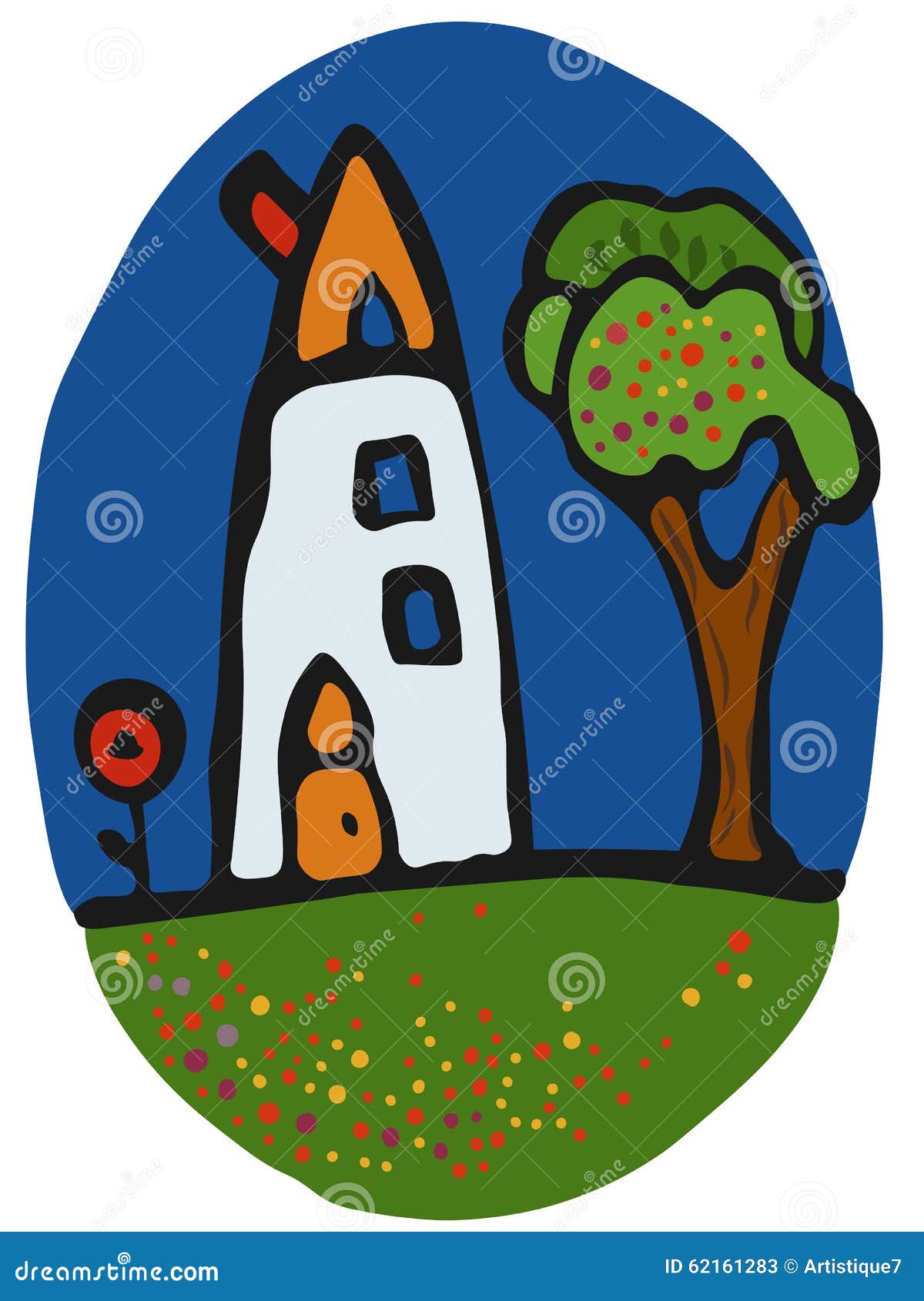 Cartoon House with Apple Tree and Poppy Stock Vector - Illustration of ...
