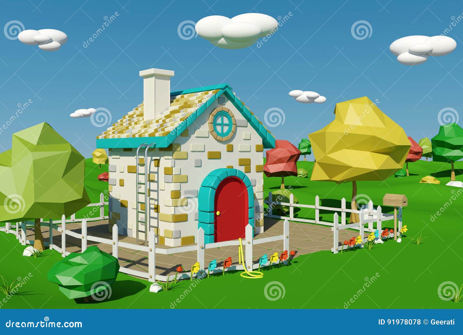 Cartoon House with Countryside Landscape in Spring or Summer Stock ...