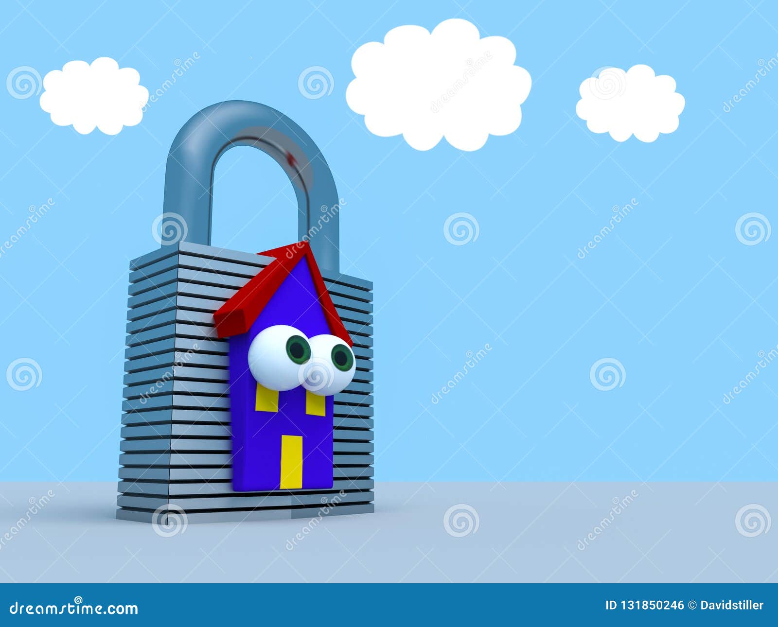 Cartoon House in a Padlock with a Cloudy Sky, 3d Illustration Stock ...