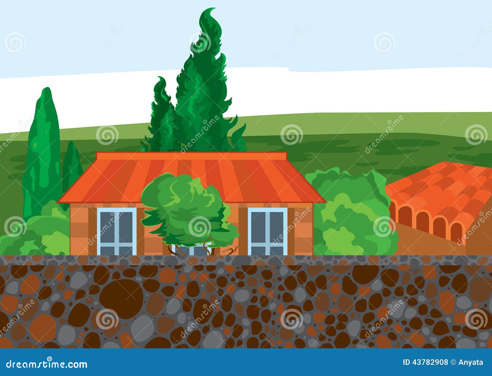Cartoon House Trees and Wall Stock Vector - Illustration of tree ...