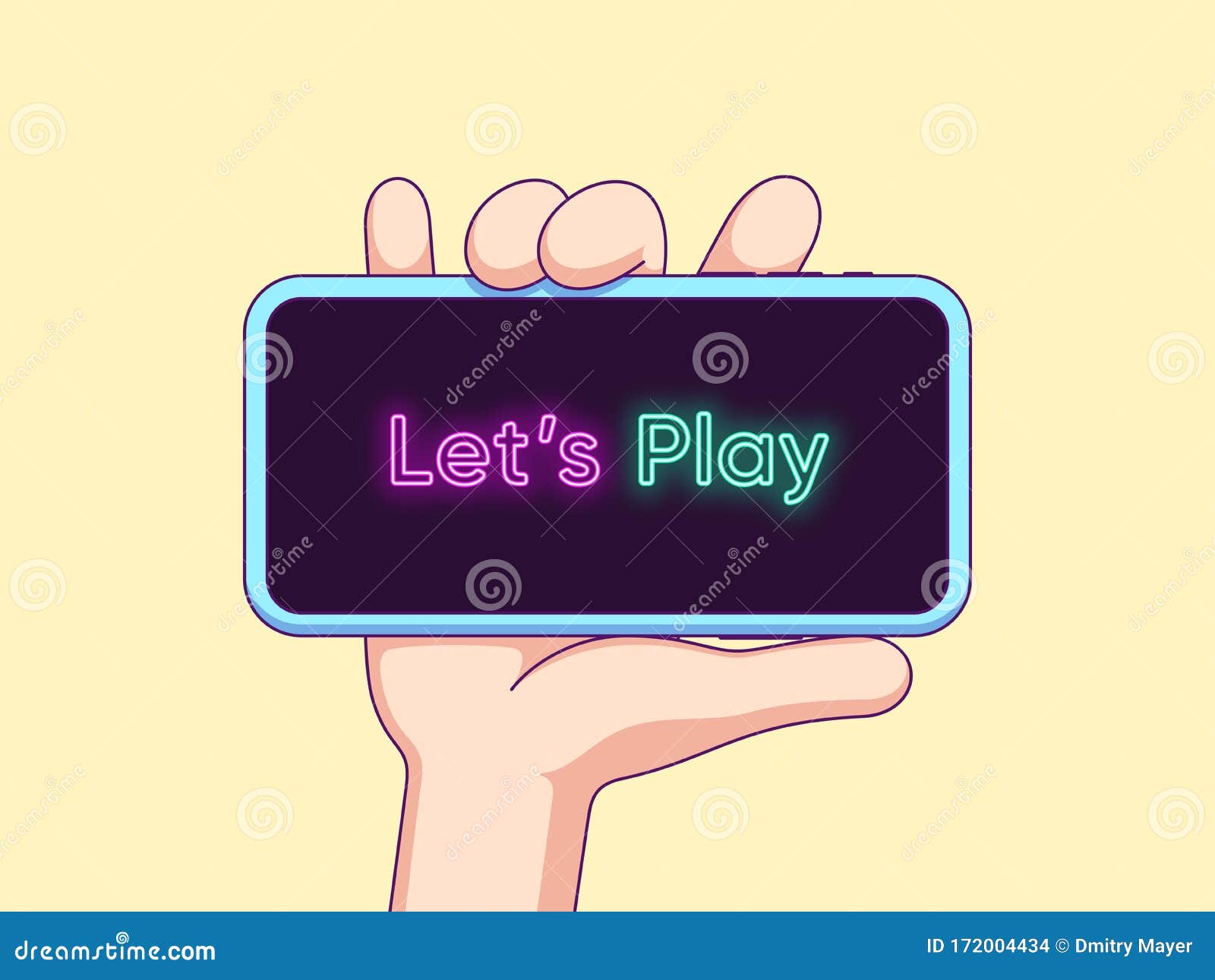Cartoon Human Hand Keeps and Shows Touchscreen Phone with Neon Text ...