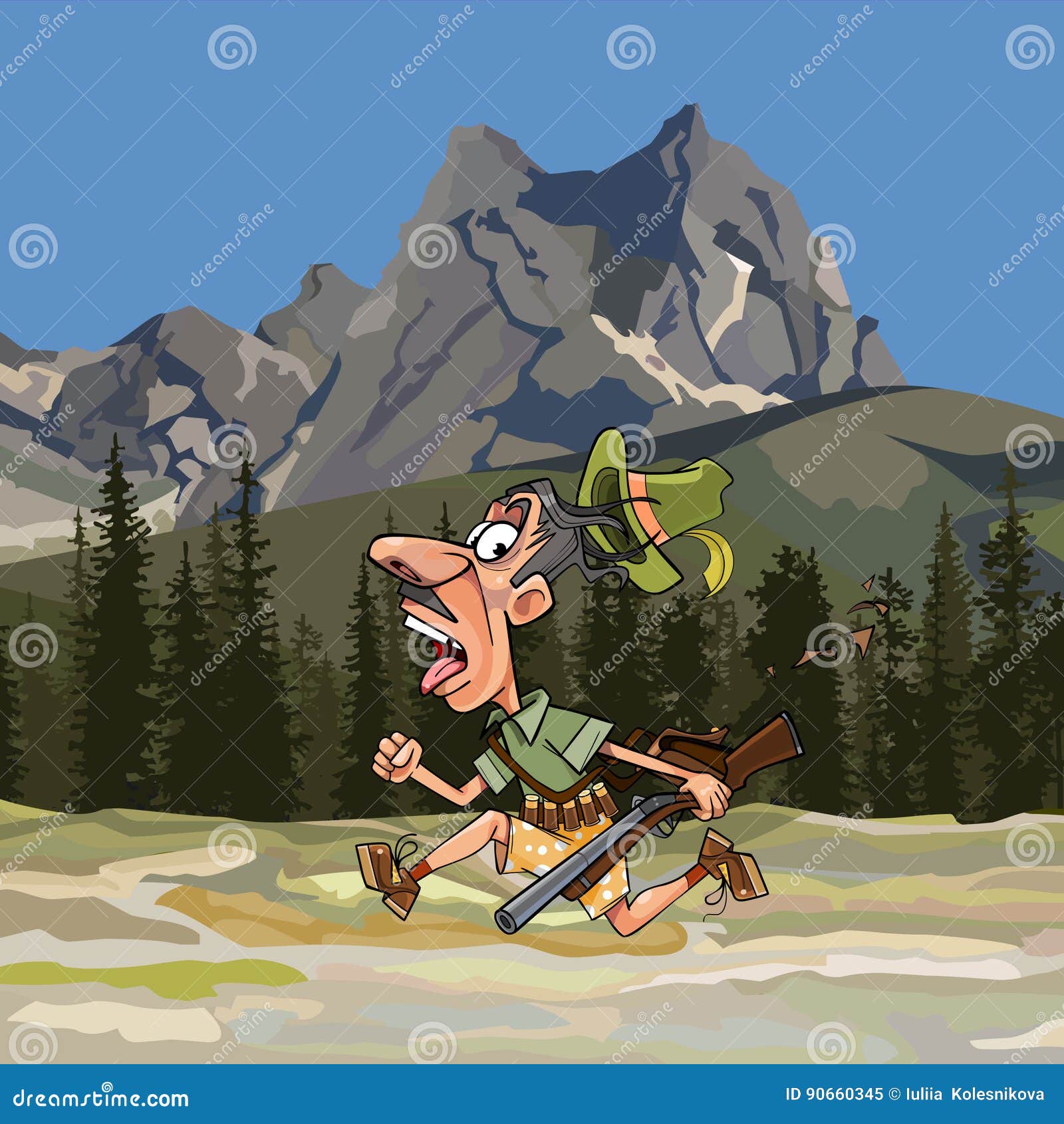 Cartoon Hunter with a Gun and No Pants Running Scared Stock Vector ...