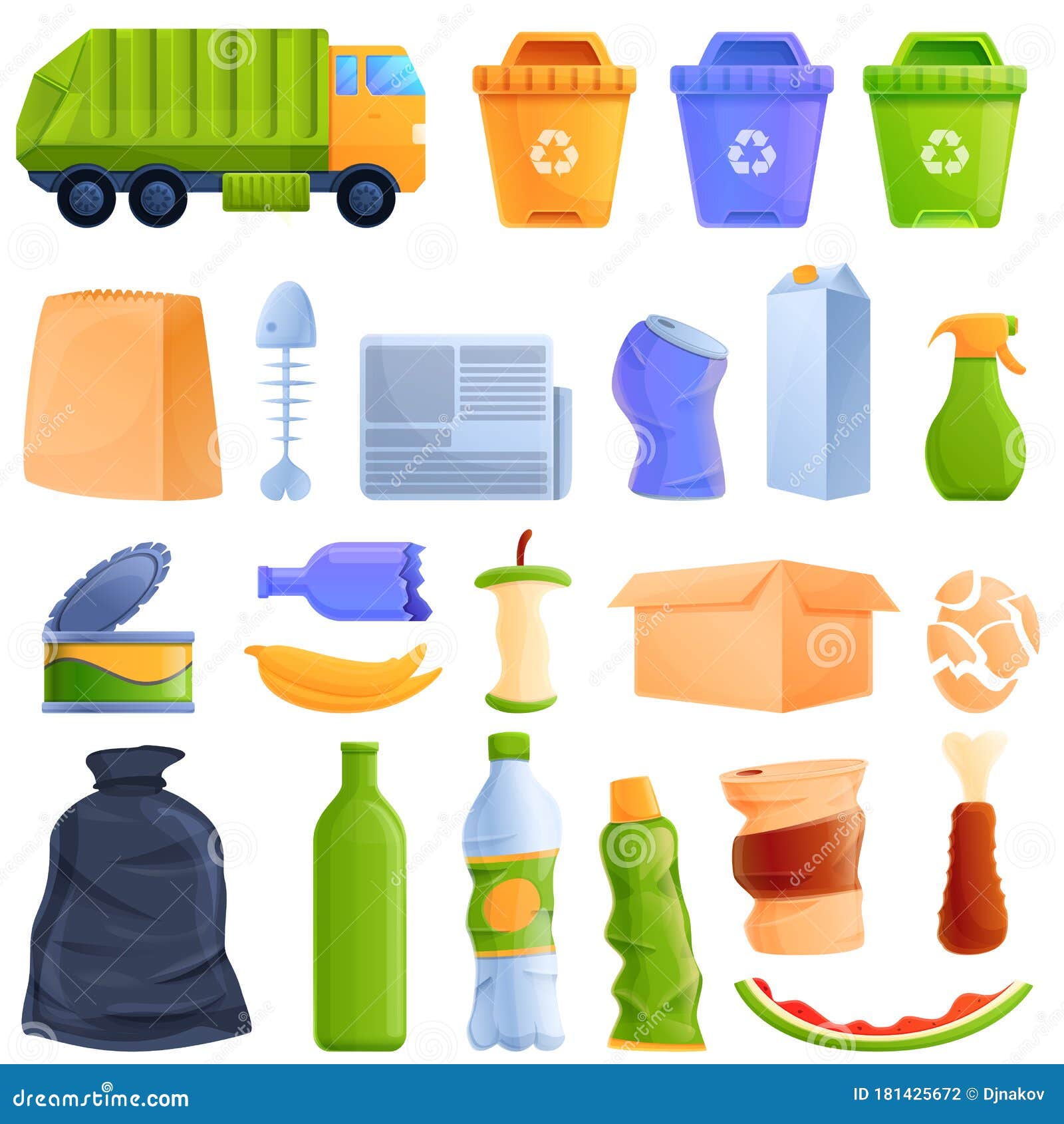 Cartoon Icon Set on the Topic of Trash Stock Vector - Illustration of ...