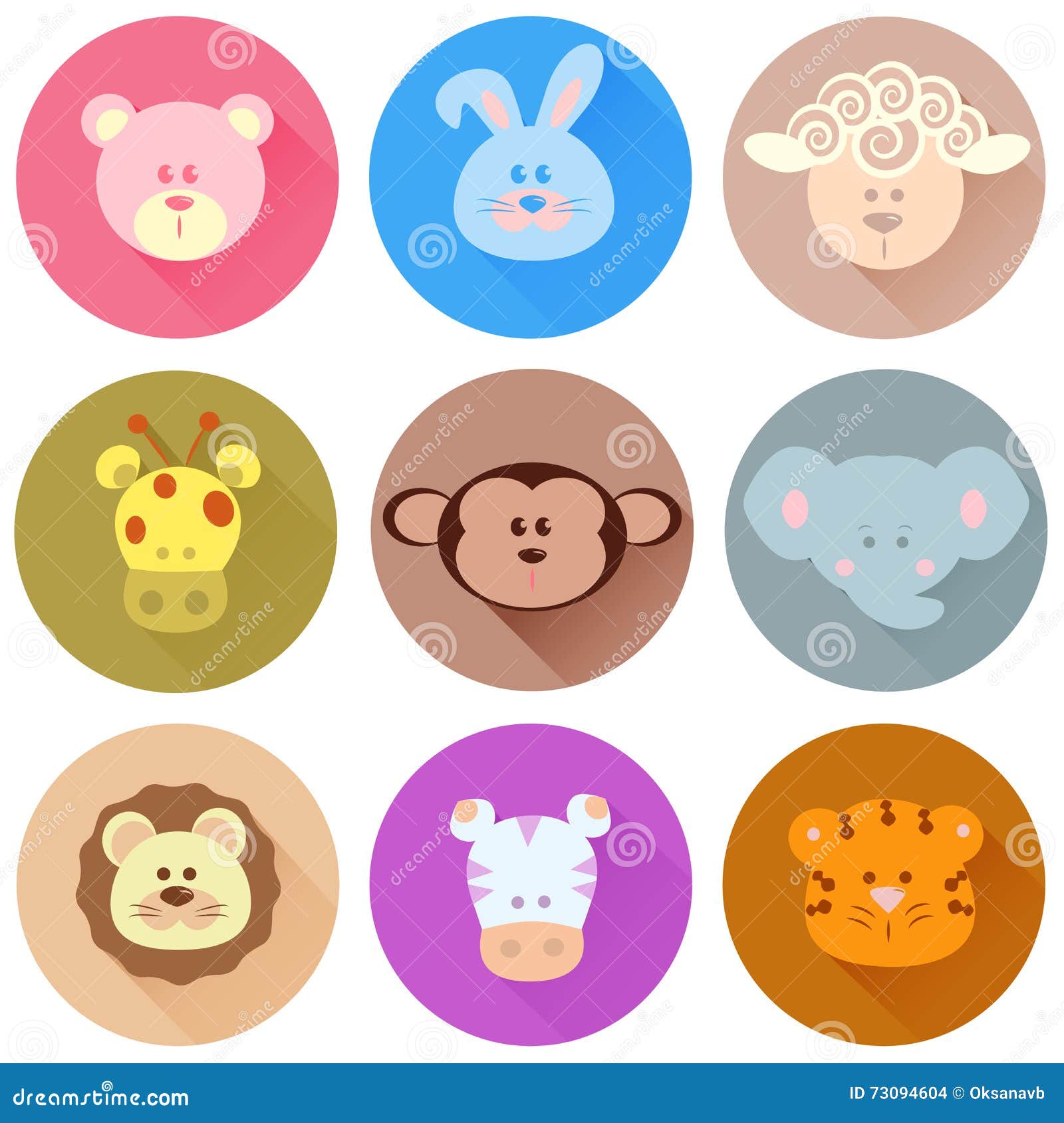 Set Of Icons With Animals. Pet Faces With Flat Style. Zoo Cartoon ...