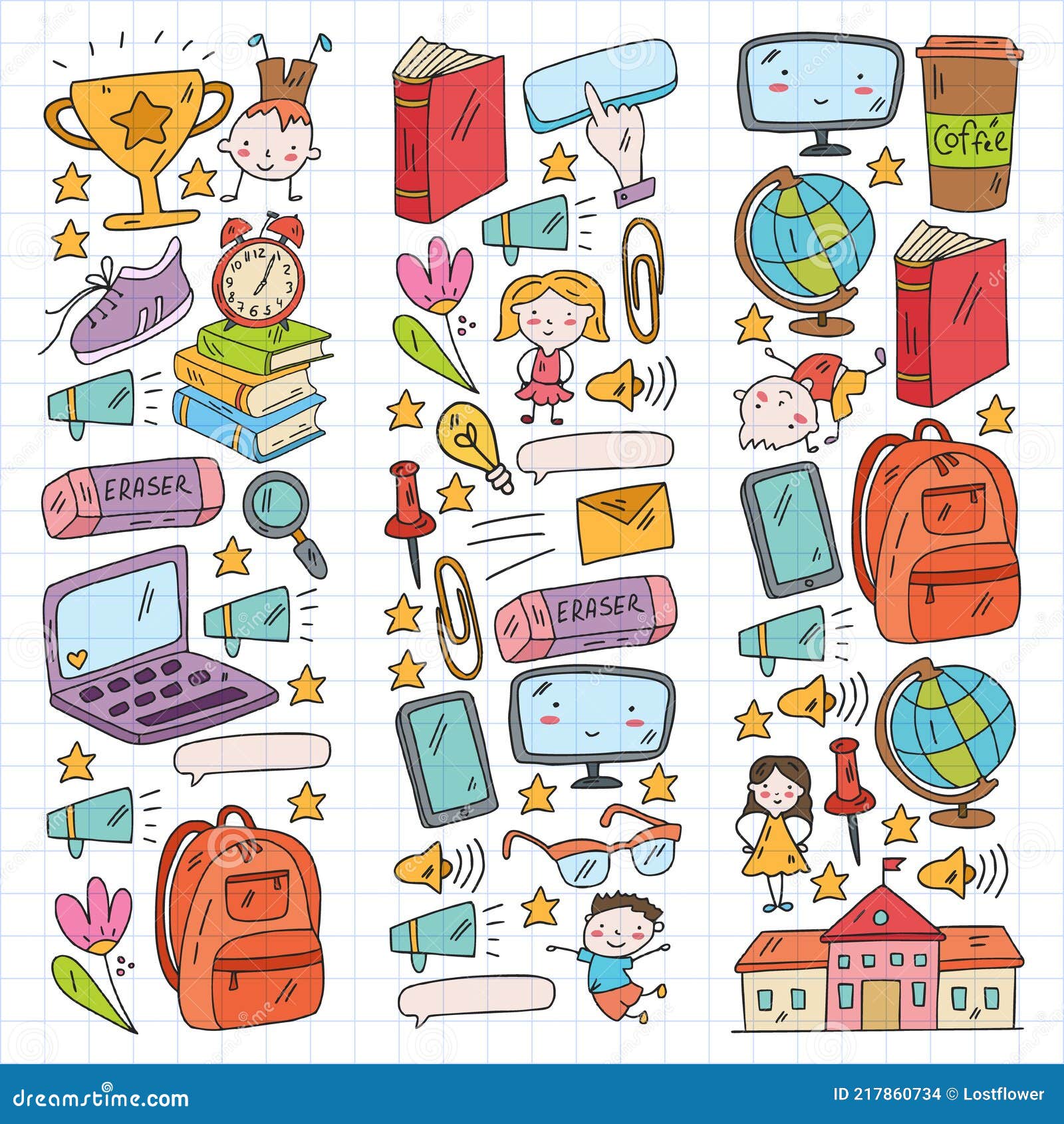 Cartoon Icons with Education Items. Online Lesson. E-learning. Stock ...
