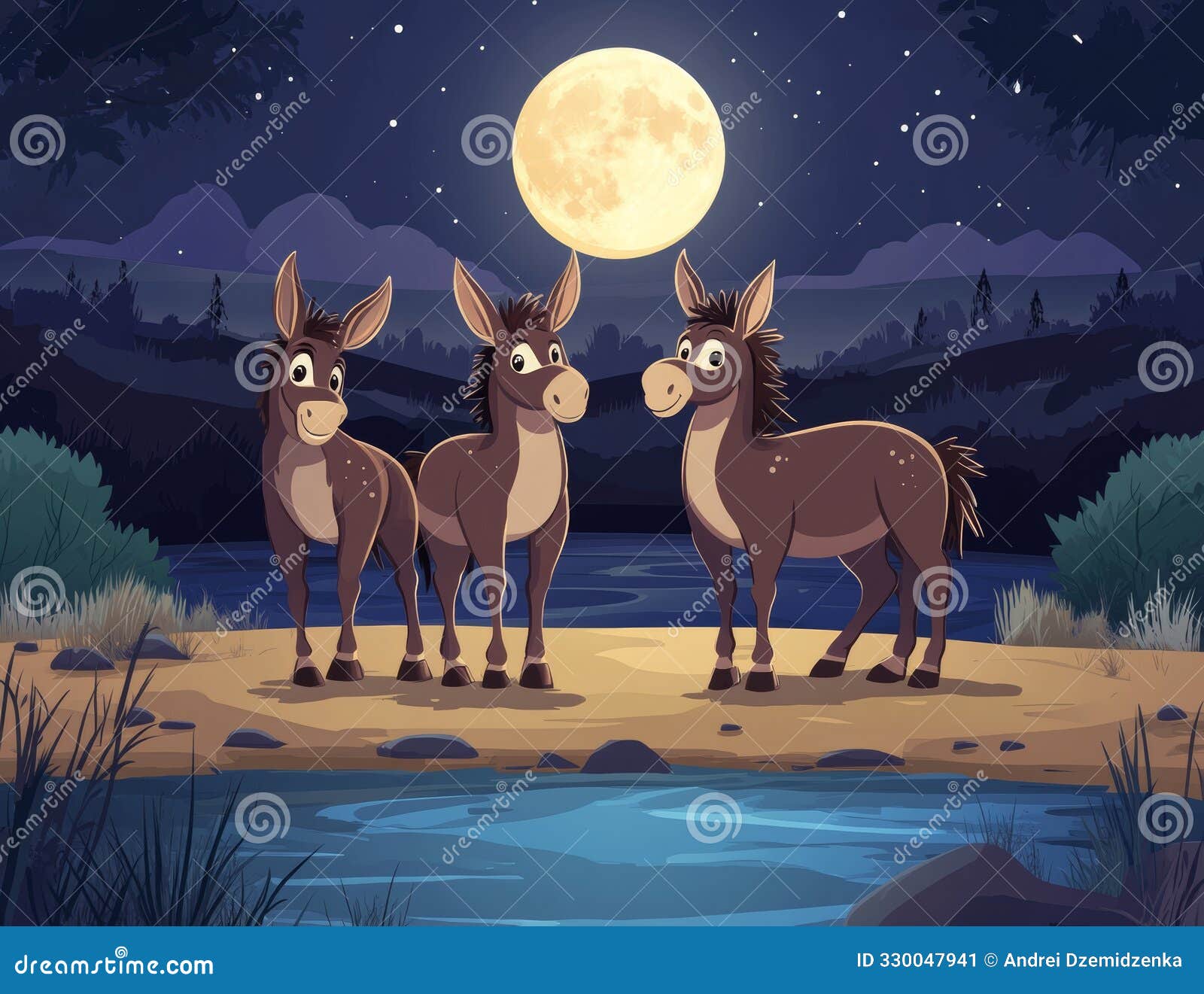 The Cartoon Illustrates a Happy Donkey Playing at Night Stock Image ...