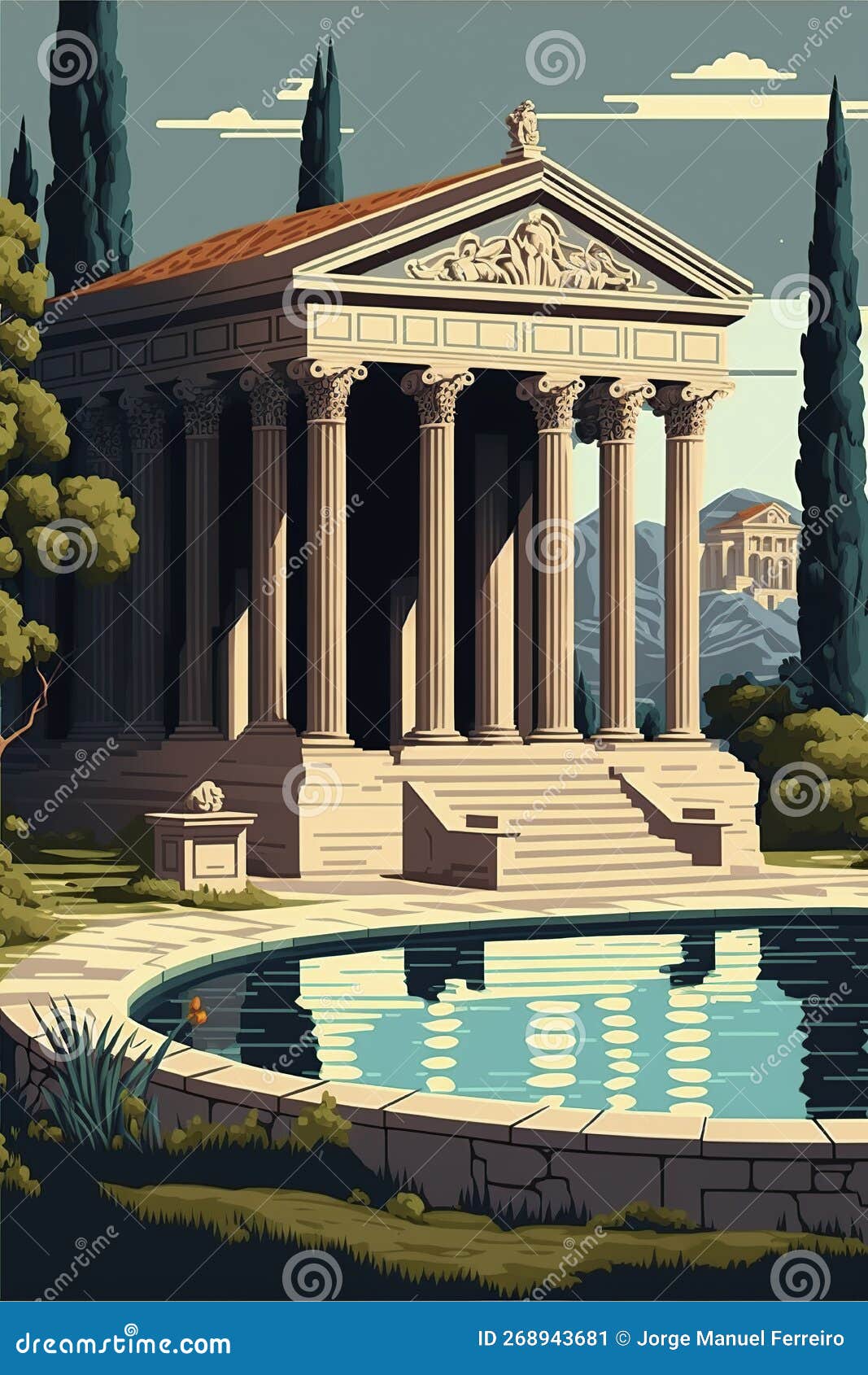 Cartoon Illustration, Ancient Temple with Columns, Generative AI Stock ...
