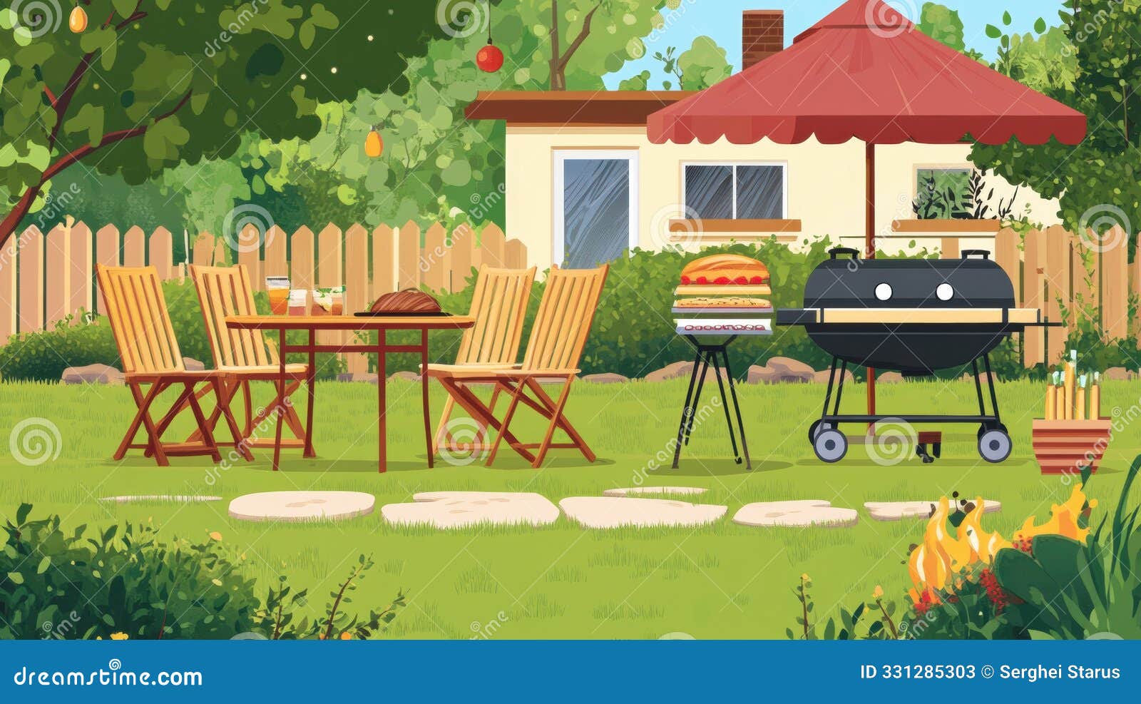 A Cartoon Illustration of a Backyard Barbecue with Chairs and Tables ...