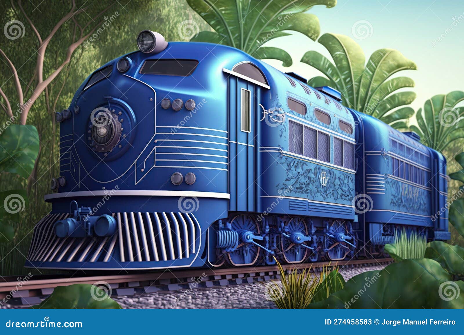 Cartoon Illustration, of Blue Train with Railway Carriages, Ai ...