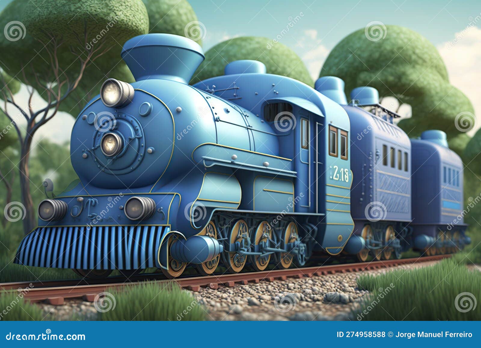 Cartoon Illustration, of Blue Train with Railway Carriages, Ai ...