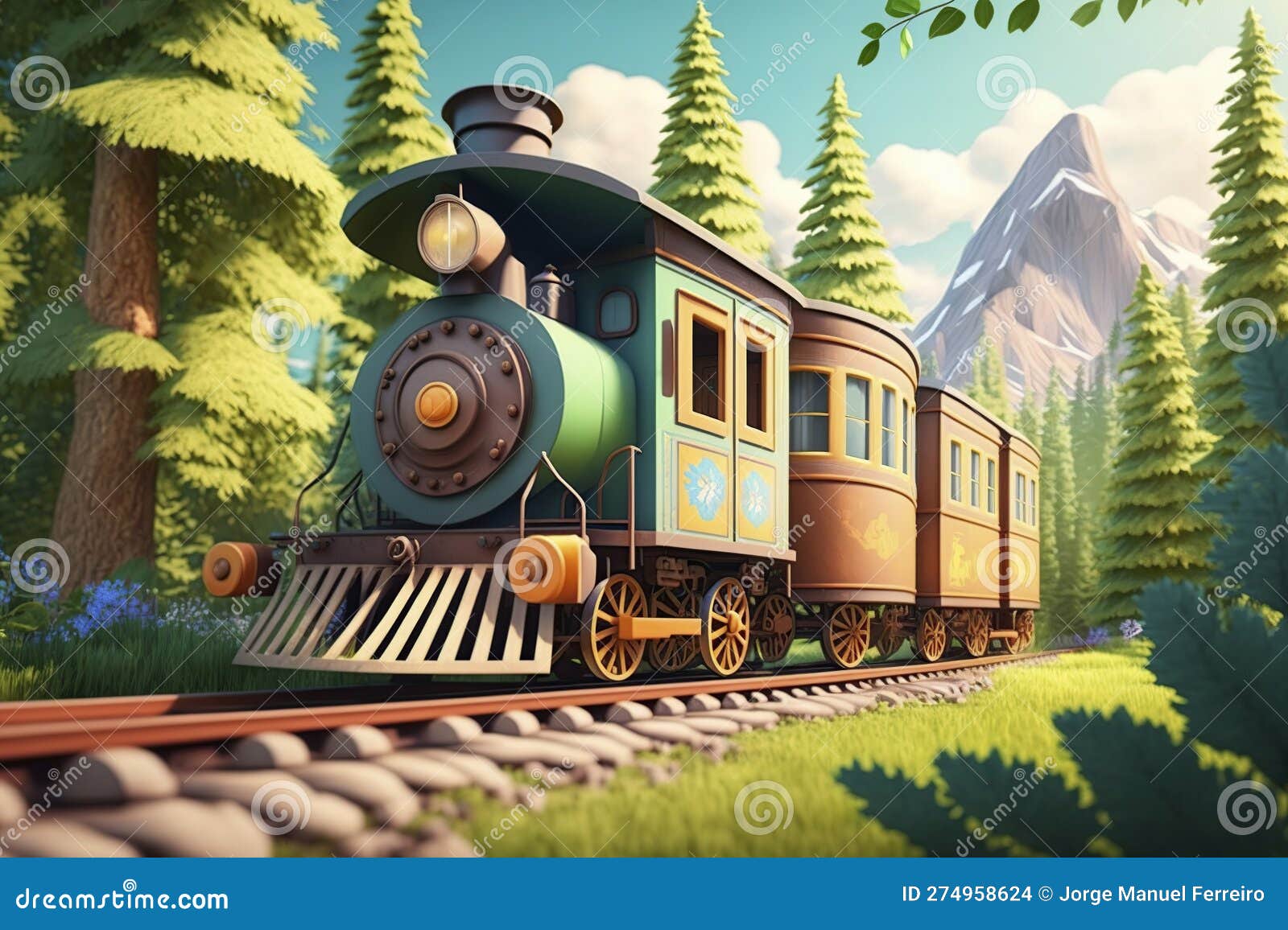 Cartoon Illustration, of Blue Train with Railway Carriages, Ai ...