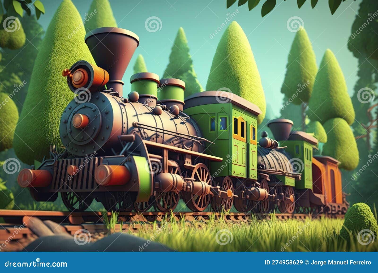 Cartoon Illustration, of Blue Train with Railway Carriages, Ai ...
