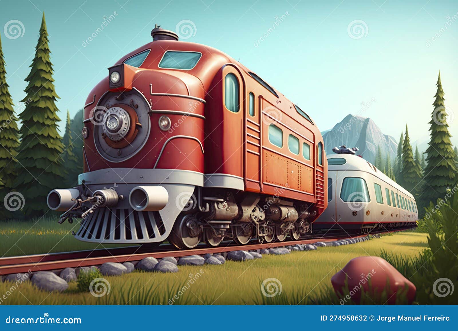 Cartoon Illustration, of Blue Train with Railway Carriages, Ai ...
