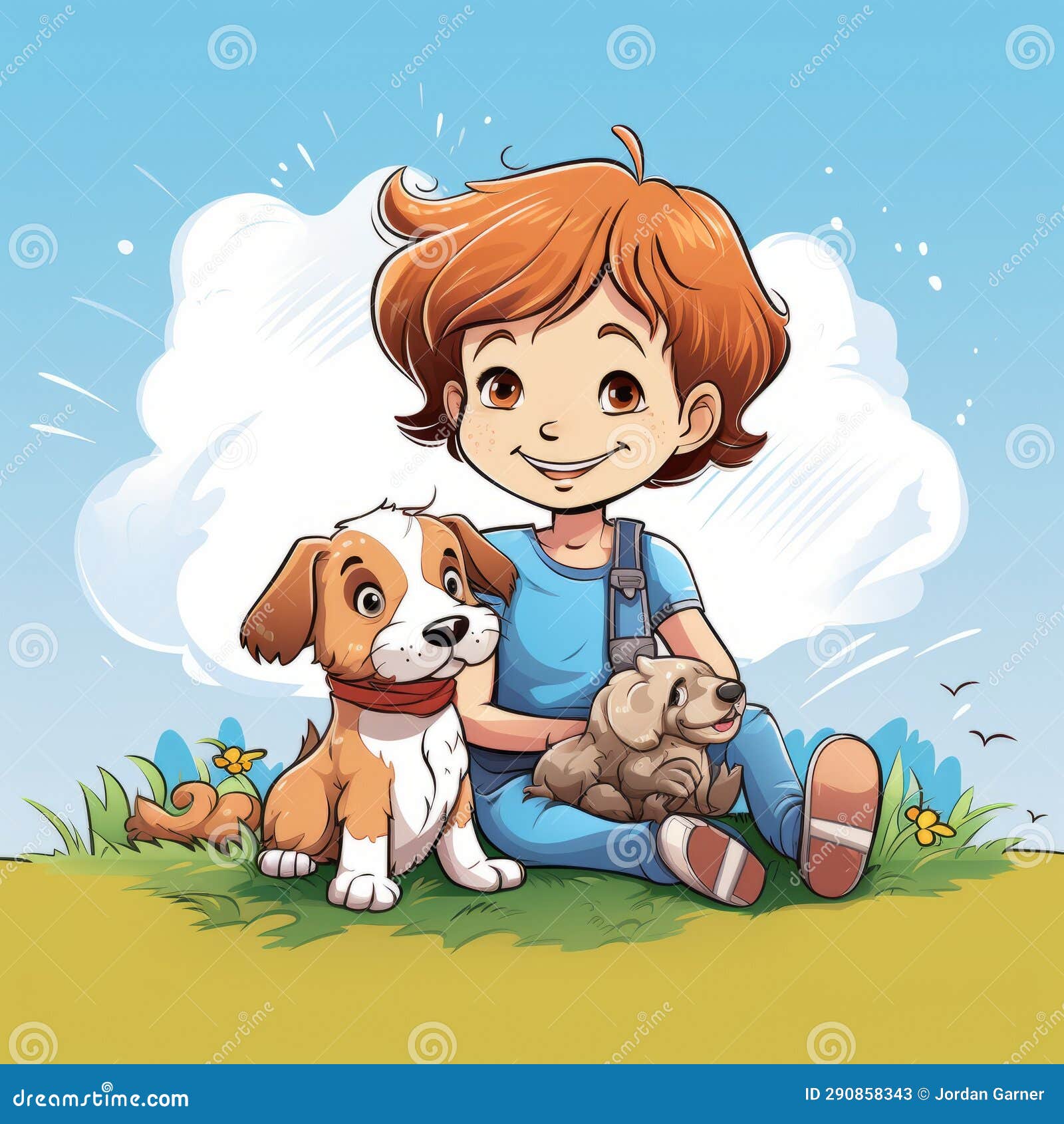 Cartoon Illustration of a Boy and His Dogs Stock Illustration ...