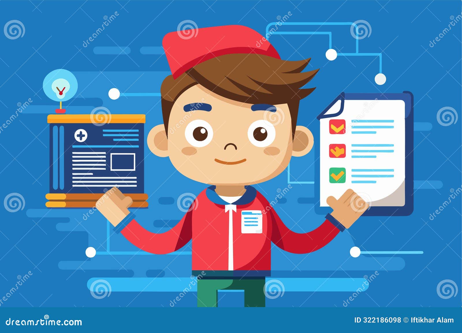 A Cartoon Illustration of a Boy Holding an Instruction Manual and a ...