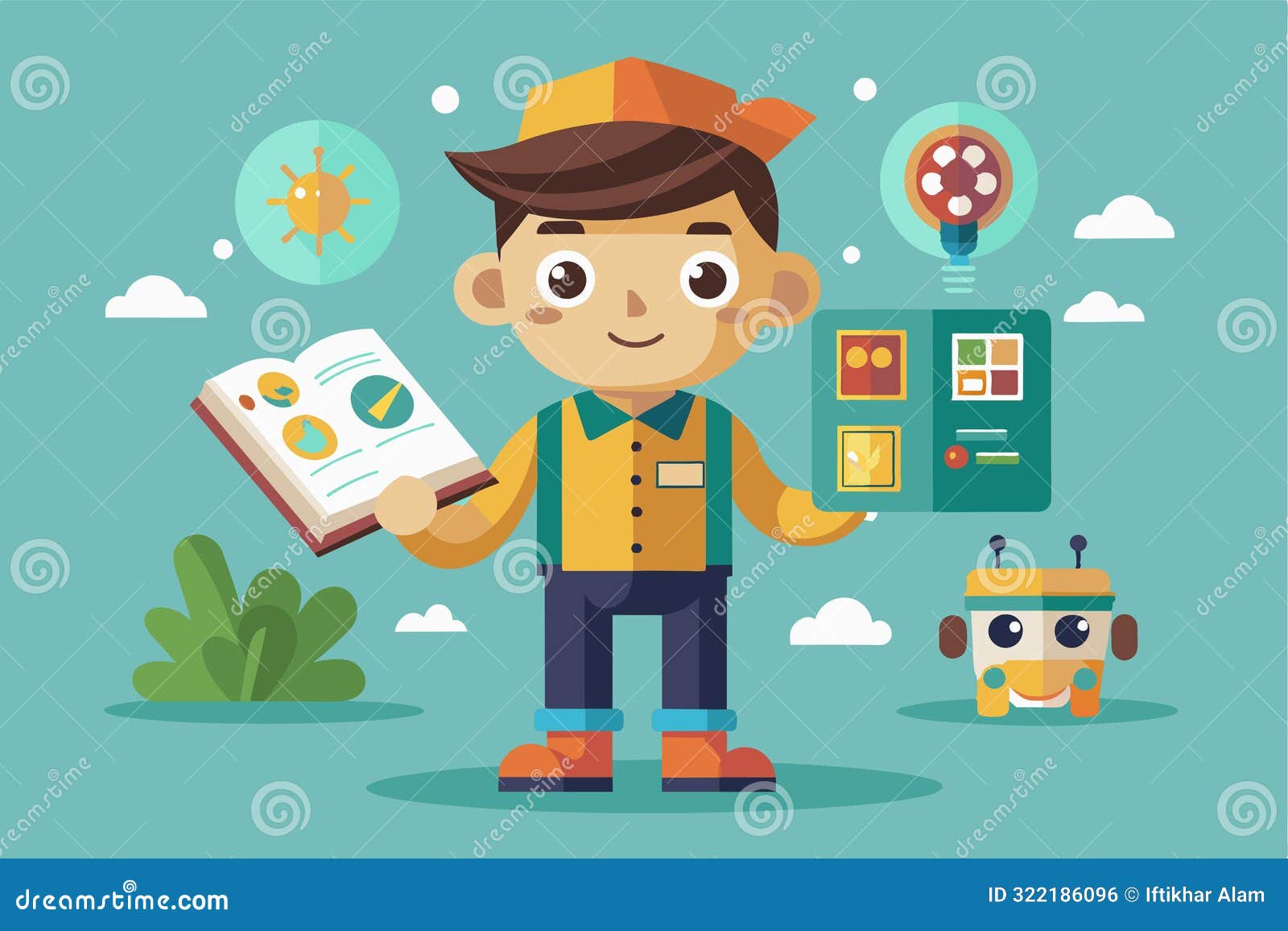 A Cartoon Illustration of a Boy Reading a Manual while Holding a Robots ...