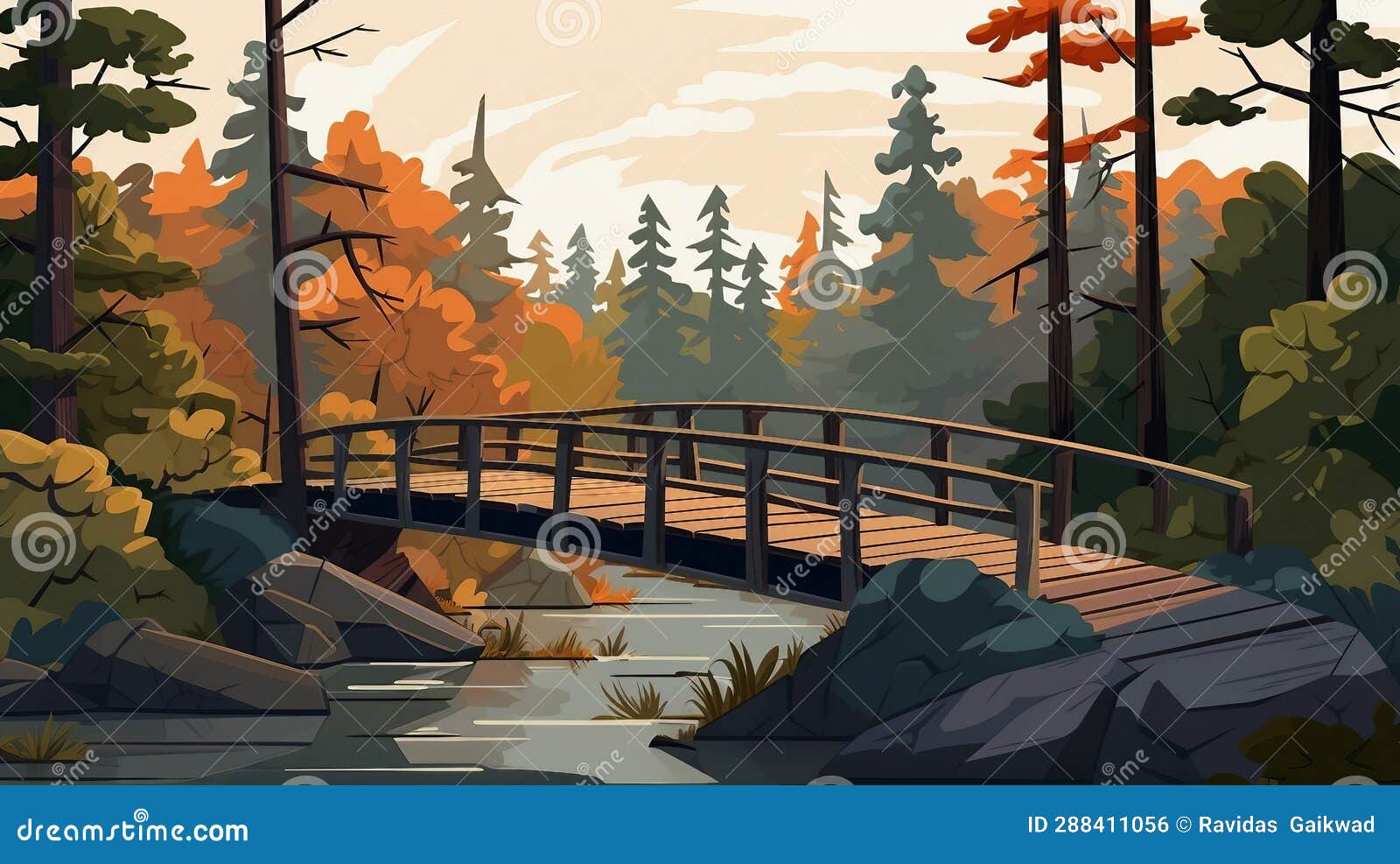 A Cartoon Illustration of a Bridge Over a River in the Forest AI ...