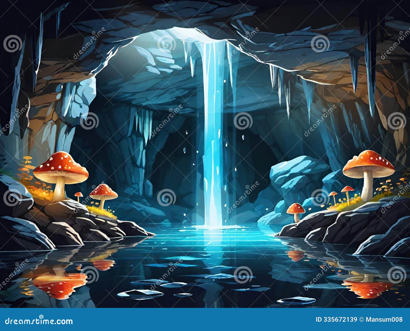 A Cartoon Illustration of Cave with a Beautiful Landscape Background ...