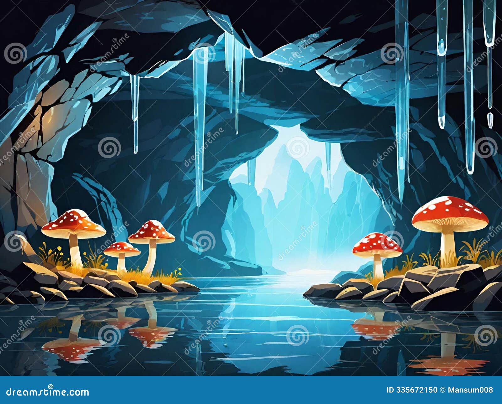A Cartoon Illustration of Cave with a Beautiful Landscape Background ...