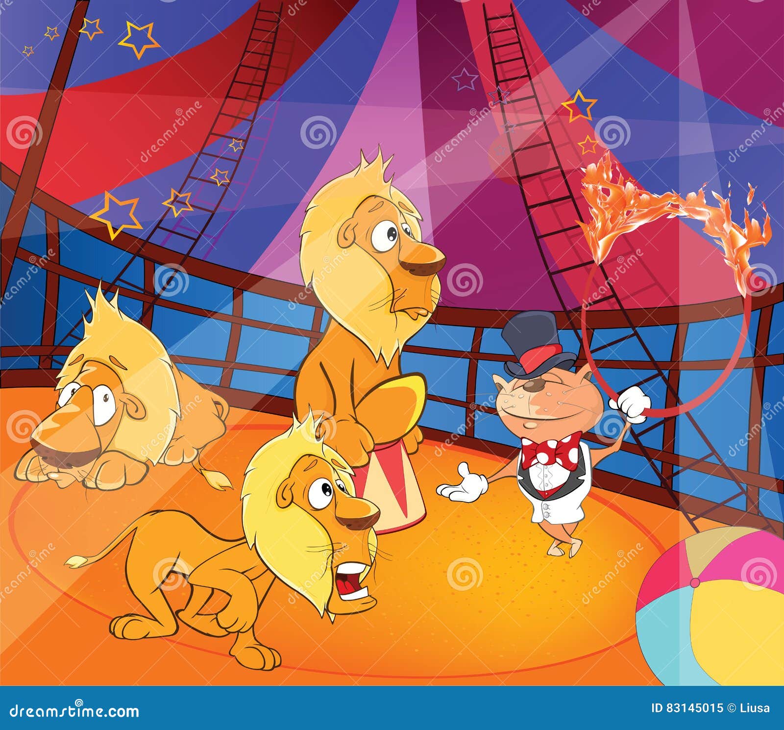 Cartoon Illustration Circus Performance of a Cat Ringleader and Lions ...