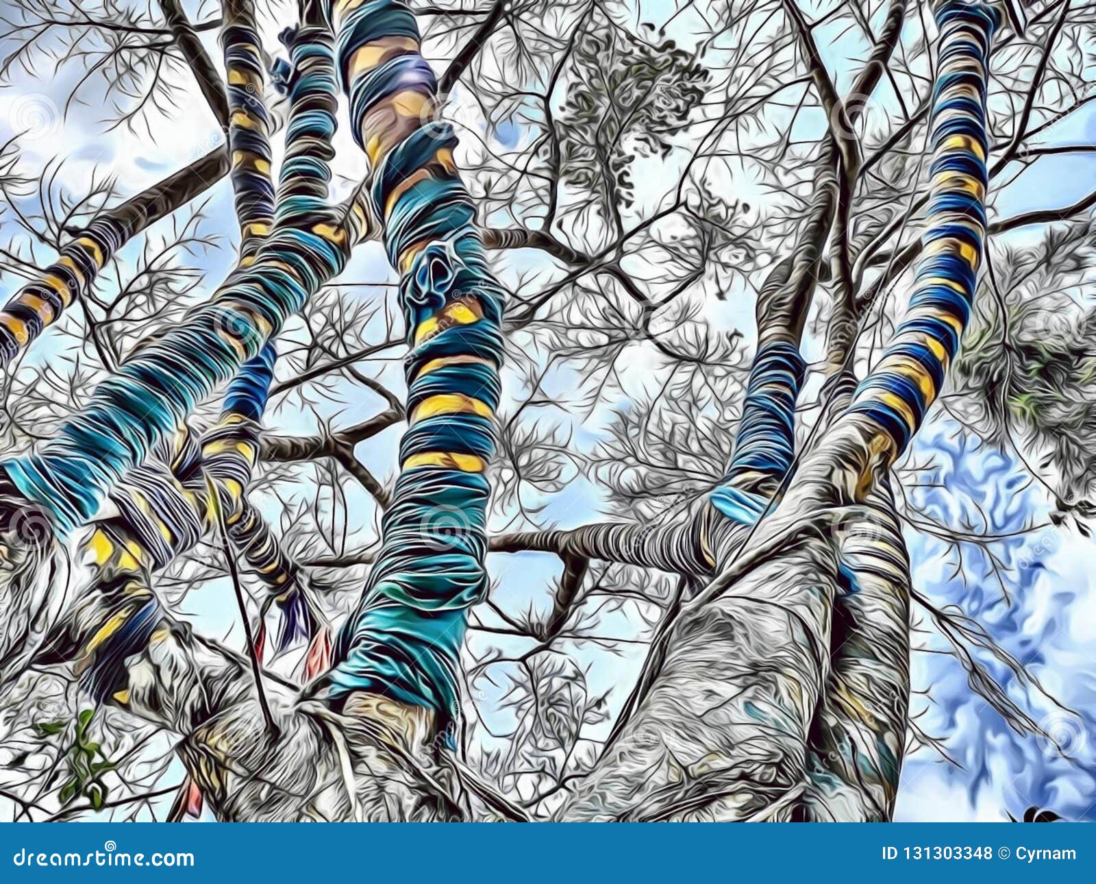 Cartoon Illustration of Colored Tree with Low Angle View and Sky in the ...