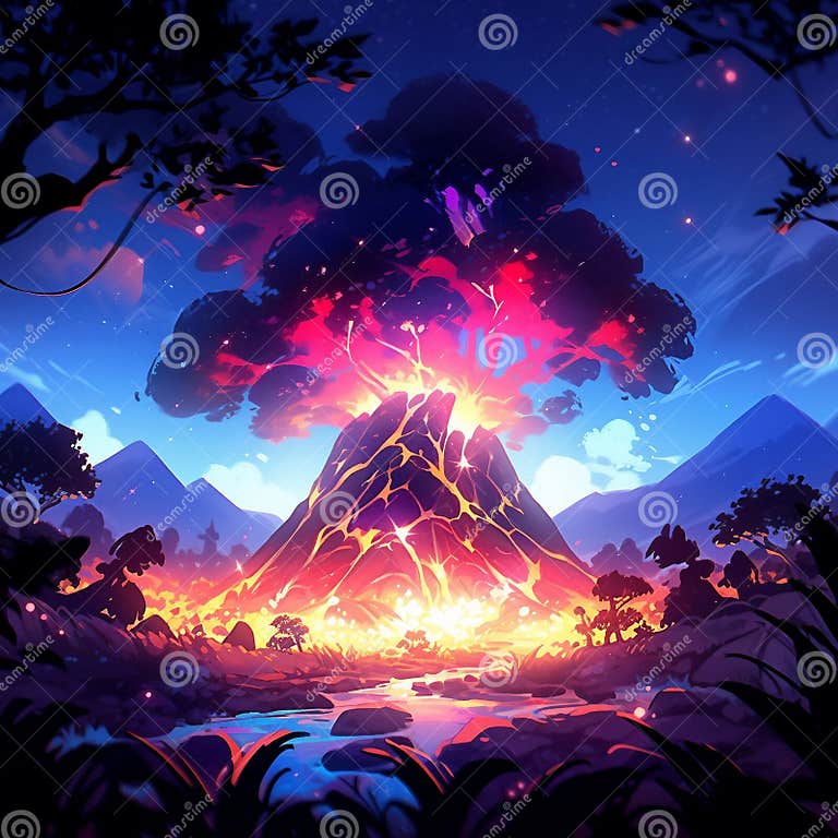 Cartoon Illustration of Colorful Exploding Volcano at Night AI ...