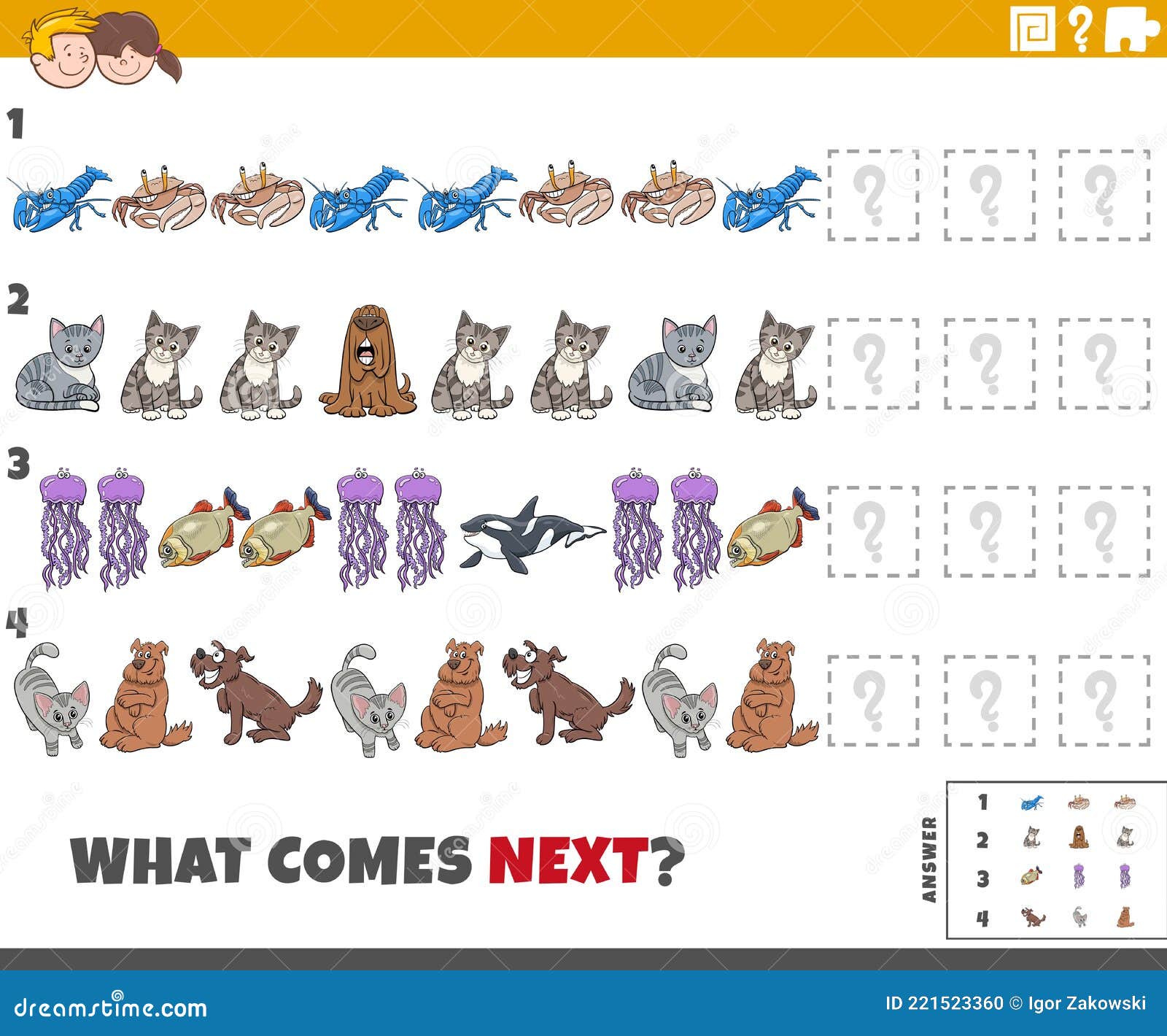 Educational Pattern Game for Children with Comic Animals Stock Vector ...