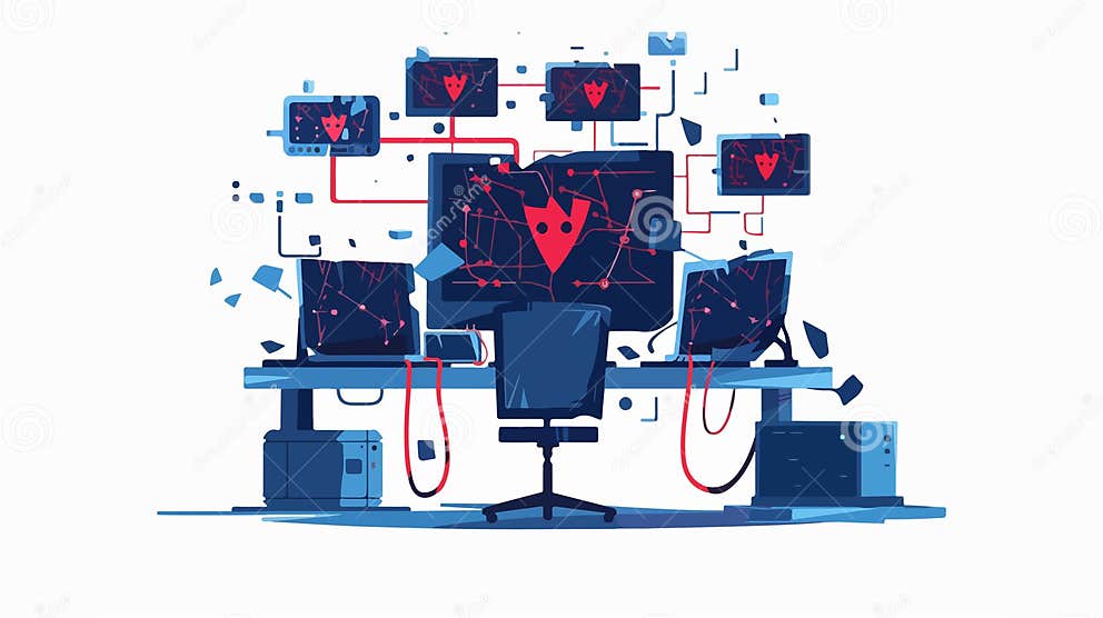Cartoon Computer Network Attack Vector Illustration for Cybersecurity ...
